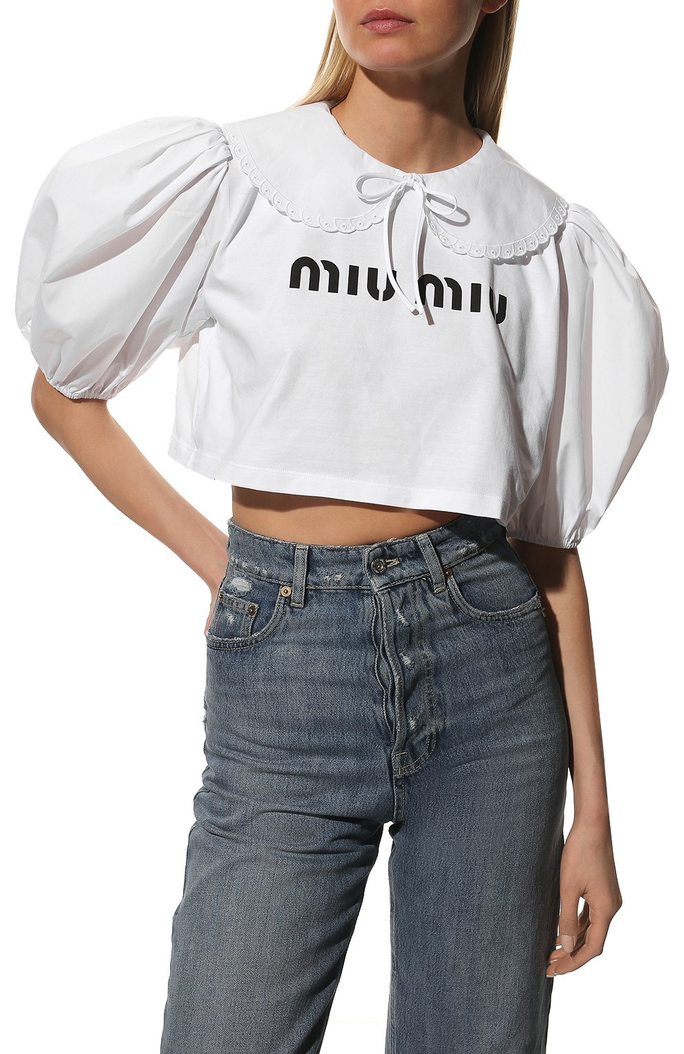 Женская белая хлопковая футболка Miu Miu купить в интернет магазине ЦУМ арт Mjn350 10om F0009